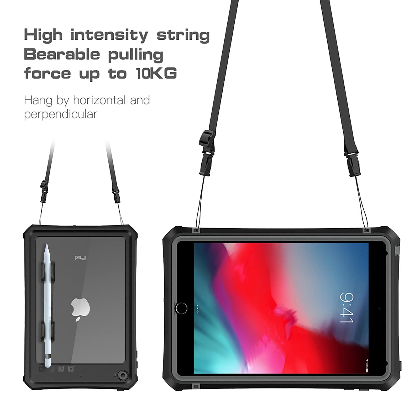 ShellBox Case for iPad Mini 5/4 7.9 Inches,Full-Body Protective Bumper Case,with Pencil Holder,Rugged Folding Kickstand,Lanyard,IP68 Waterproof Dustproof Heavy Duty Shockproof Case for iPad (Black)