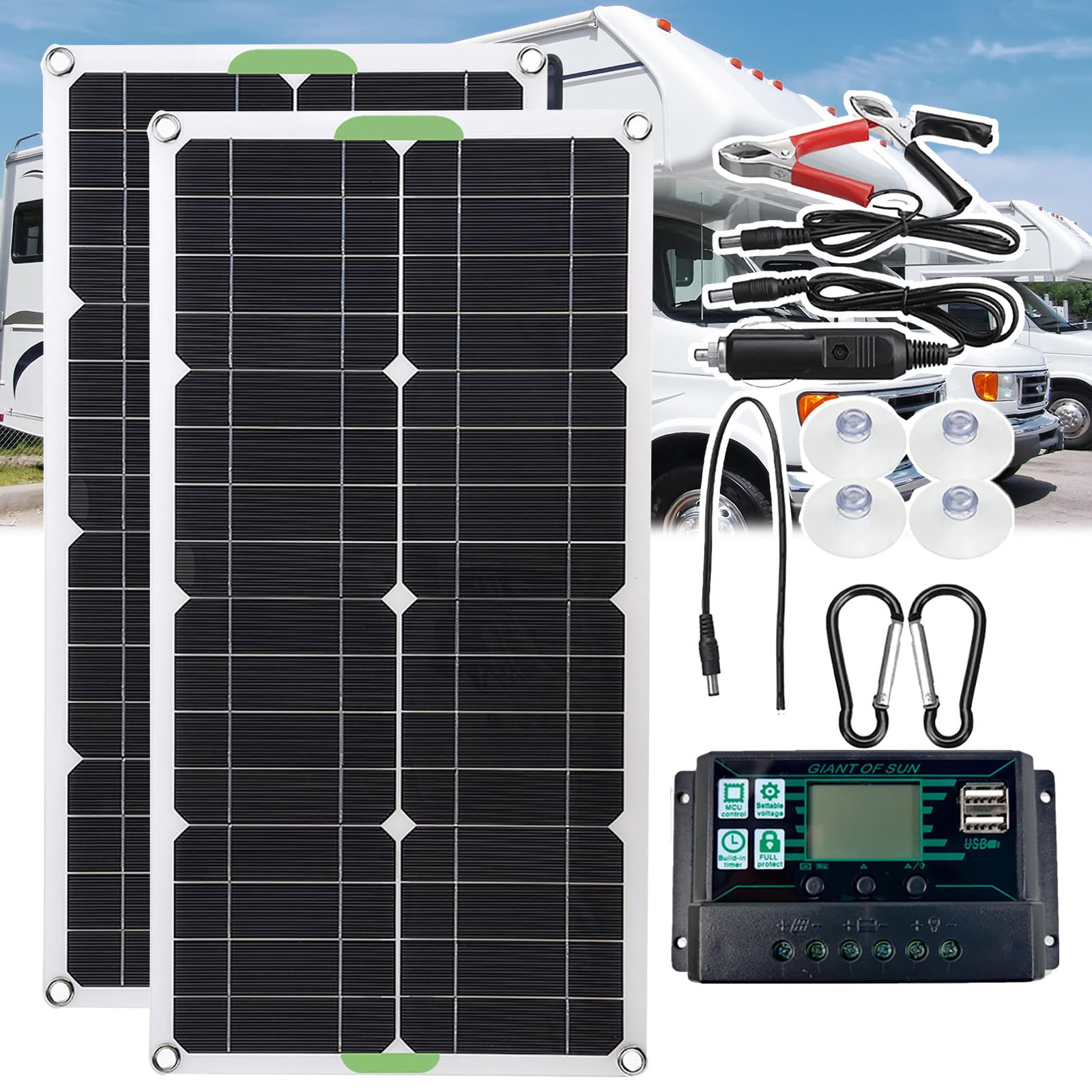 250w 500w Portable Monocrystalline Solar Panel with 10a/20a/30a Controller, Dual USB, Can Be Used for 12v/24v Battery Charging, Waterproof and Dustproof,500W-30Acontroller