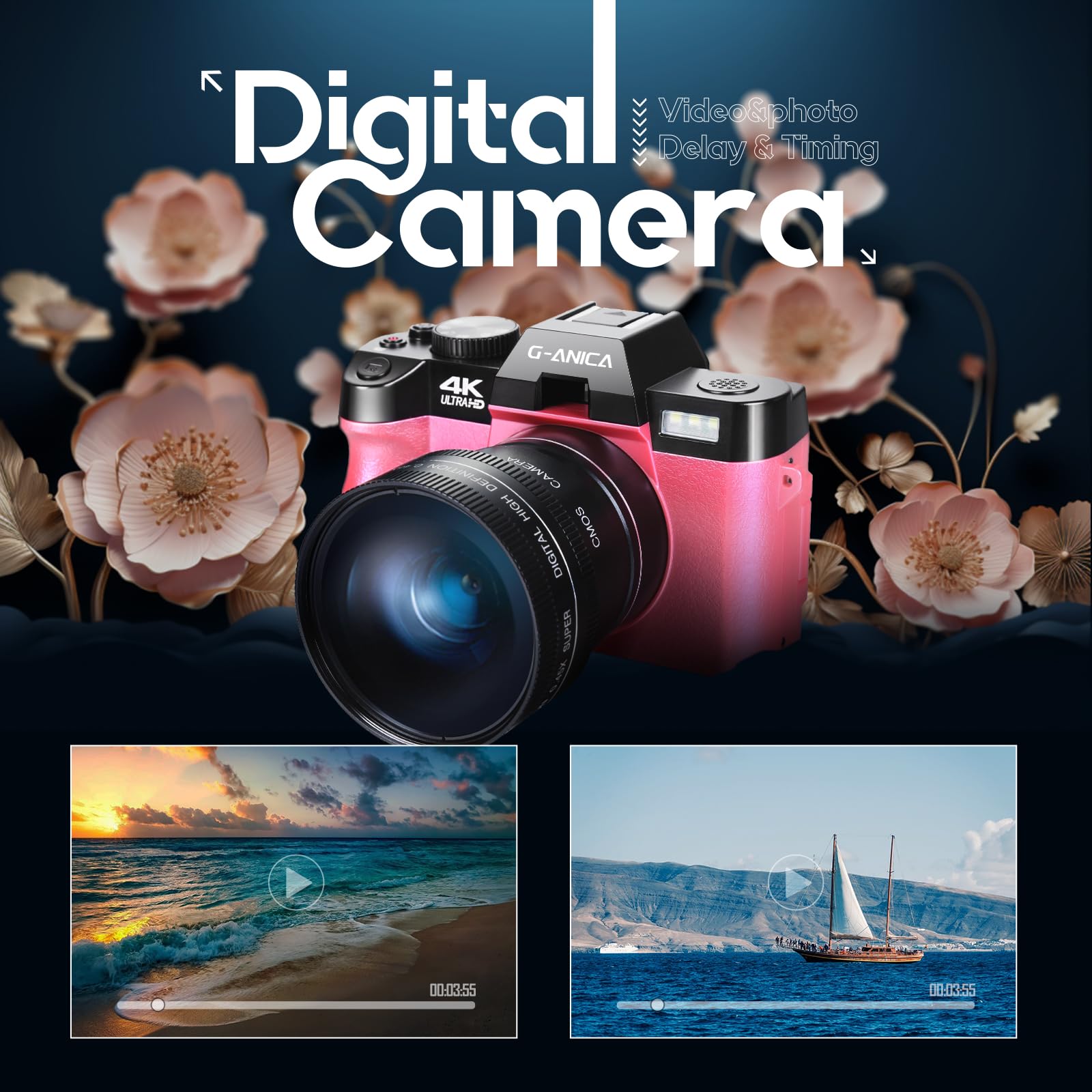 4K Digital Cameras for Photography, 48MP Vlogging Camera for YouTube with WiFi, 180° Flip Screen Compact Camera with Flash, 16X Digital Zoom Travel Camera with Wide-Angle &Macro Lens (Pink)