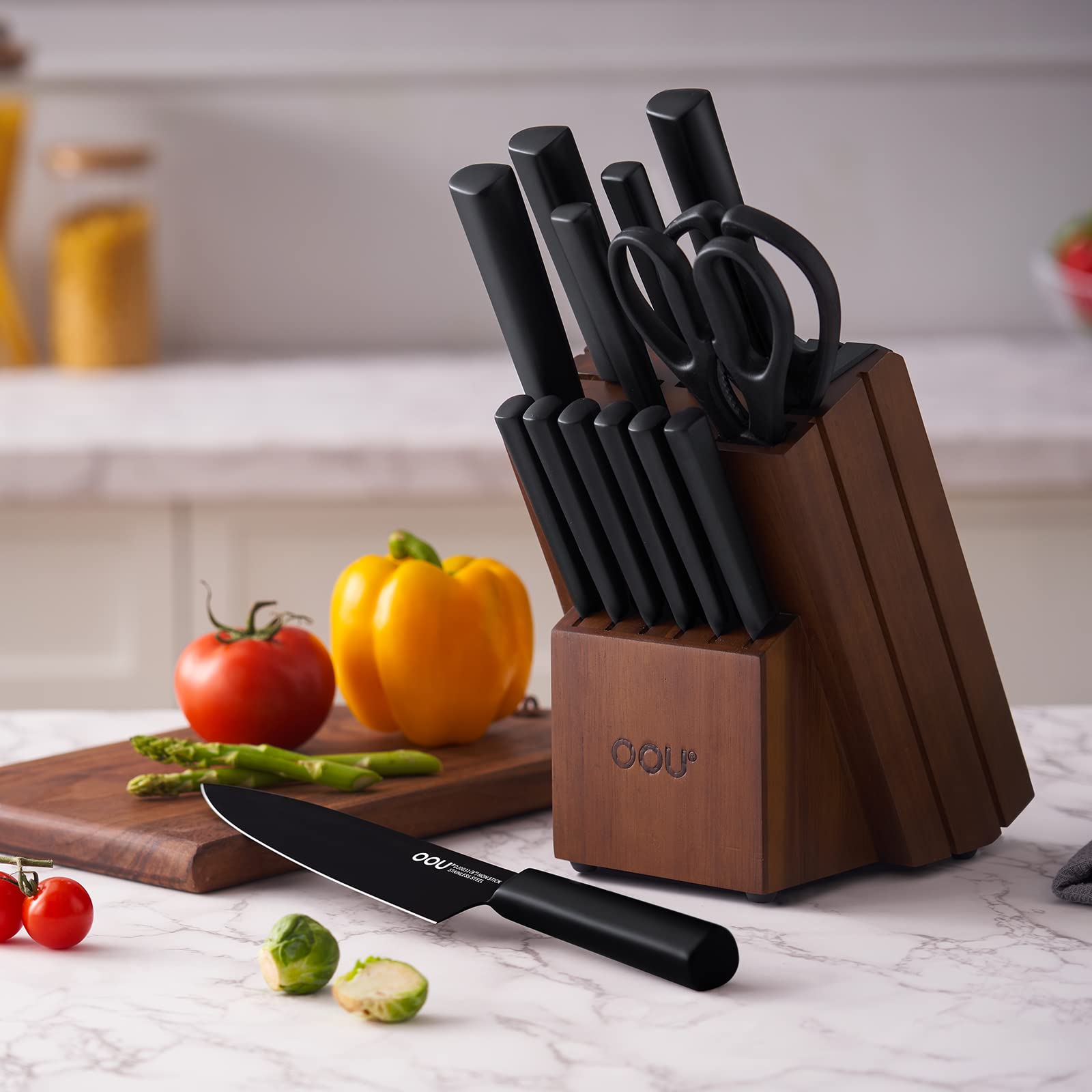 OOU Kitchen Knife Block Set - 15 Pieces High Carbon Stainless Steel Chef Knife Sets, Anti-Rust Black Knives Set with Built-in Sharpener Block, Walnut