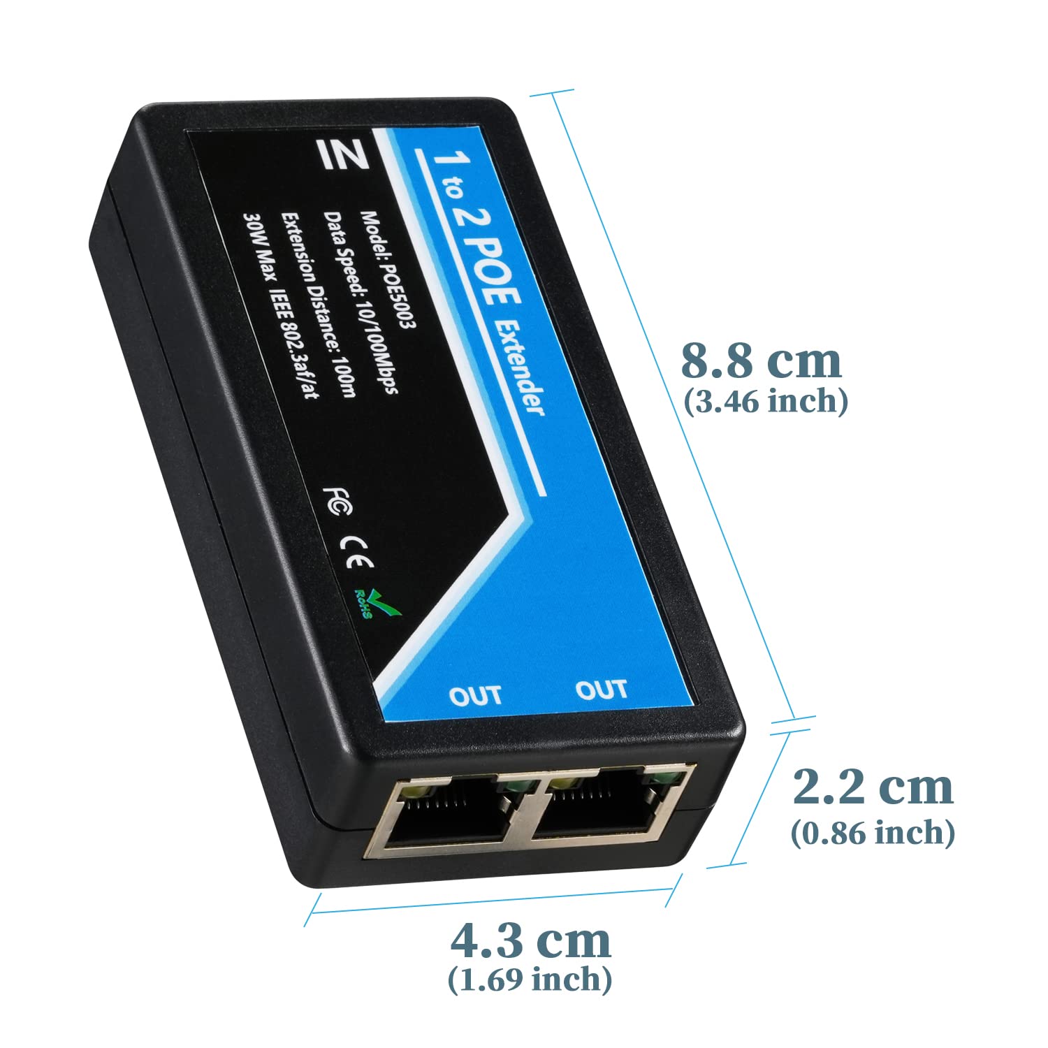 Revotech 2 Port POE Extender POE+ Repeater 100 Meters(328 ft) Extender 1 in 2 Out Comply IEEE 802.3af/at Standard 10,100Mbps for Security POE Camera Over Cat5/Cat6 or UTP Cables(POE5003)