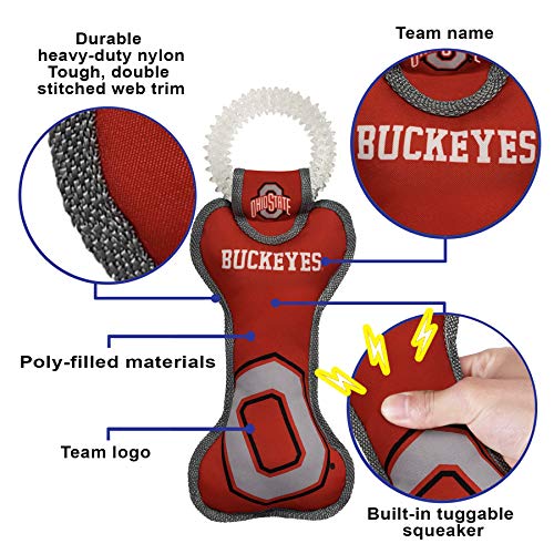 Pets First NCAA Ohio State Buckeyes Dental Dog TUG Toy with Squeaker. Tough PET Toy for Healthy Fun, Teething & Cleaning Pet's Teeth & Gum. (OH-3310)
