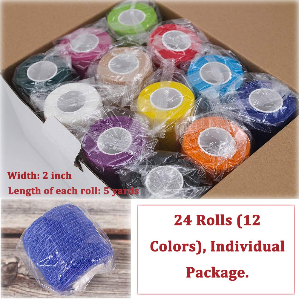 24 Pack Breathable Self Adherent Wrap, Athletic Elastic Non Woven Cohesive Bandage β for Sports, First Aid Medical, Wrist, Ankle Sprains, Swelling and Vet Wrap 2 Inch 5 Yards (Rainbow Color).