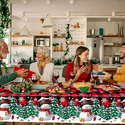 4 PCS Christmas Plastic Tablecloths Snowman Disposable Table Covers Black Red Buffalo Plaid Snowflake Tablecloth Christmas Rectangle Table Cover for Xmas Party Decor Winter Holiday, 54" x 108"