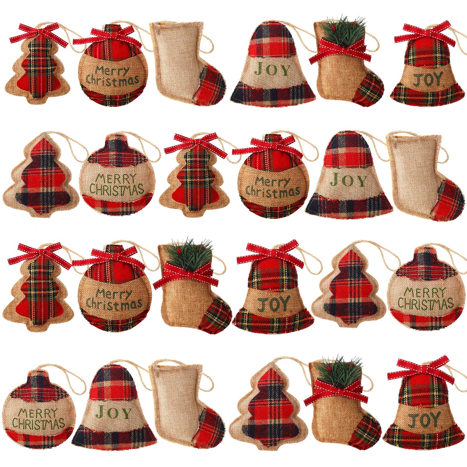 24 Pcs Burlap Christmas Ornaments 2022 Set Mini Stockings Funny Christmas Tree Ornaments Rustic Christmas Decorations Red Plaid Tartan Hanging Decoration Stocking Ball Tree Bell, 8 Styles (Rustic)