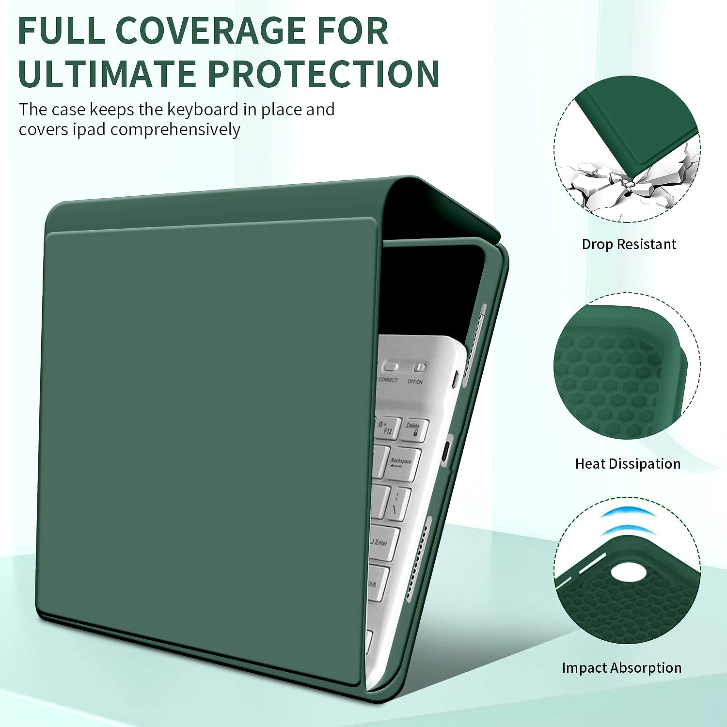 Keyboard Case for iPad 9th/8th/7th Generation 10.2 Inch 2021/2020/2019, Soft TPU Back Stand Cover Smart Case with Pencil Holder, Magnetically Detachable Wireless Bluetooth Keyboard, Dark Green