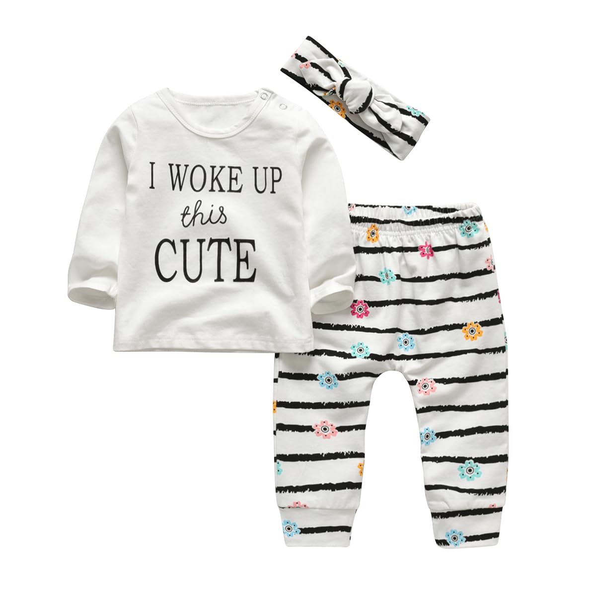 KuKitty 3Pcs Baby Girl Outfits Set I Woke Up This Cute Long Sleeve T-Shirt Tops Flowers Pants with Headband (3-6 Months)