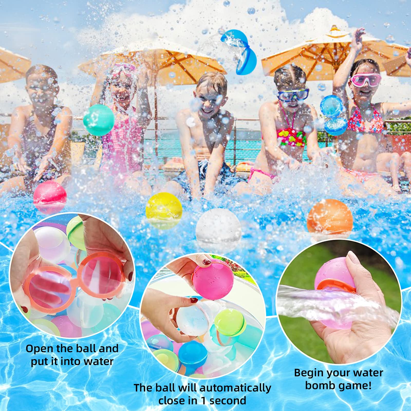 24 PCS Reusable Water Balloons Water Balls, Soft Silicone Quick Fill Balloons Splash Fun,Outdoor Backyard Summer Splash Party Easy Quick Fun Water Fight Game for Swimming Pool