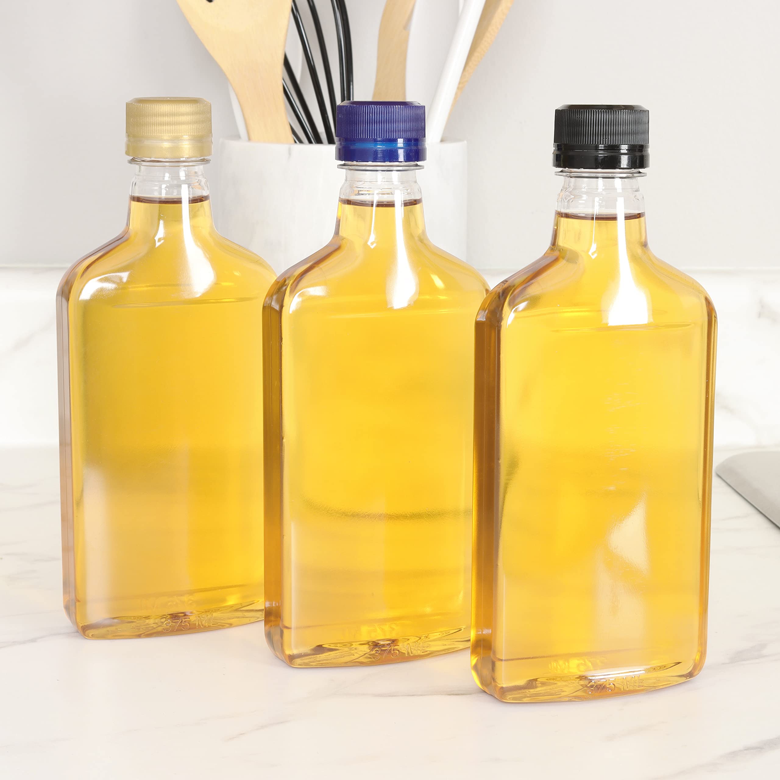 PELLAH GOODS 375 ml (12.7 Oz.) Plastic Flask PET Clear Bottles With Tamper Evident Sealable Lids (Bulk Pack of 154) (Black Caps) for Liquor, Alcohol, Sauce, Honey, Beverage