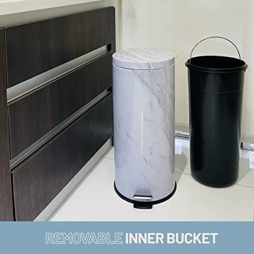 AWENN - Kitchen Garbage Trash Can with Lid and Pedal - Touchless Round Shape Waste Bin - Stainless Steel Dustbin with Removable Inner Bucket for and Outdoors β White (7.9 Gallon β 29 Liters)