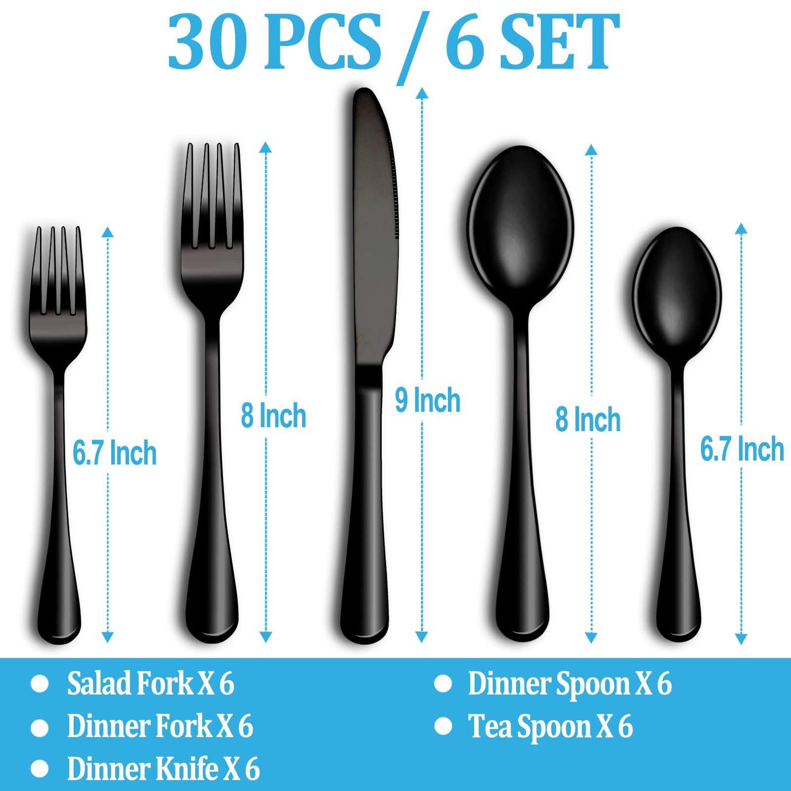 30 Pcs Black Silverware Set, Stainless Steel Flatware Set Service for 6, Mirror Polished Cutlery Utensil Set, Durable Home Kitchen Eating Tableware Set, Include Fork Knife Spoon Set, Dishwasher Safe
