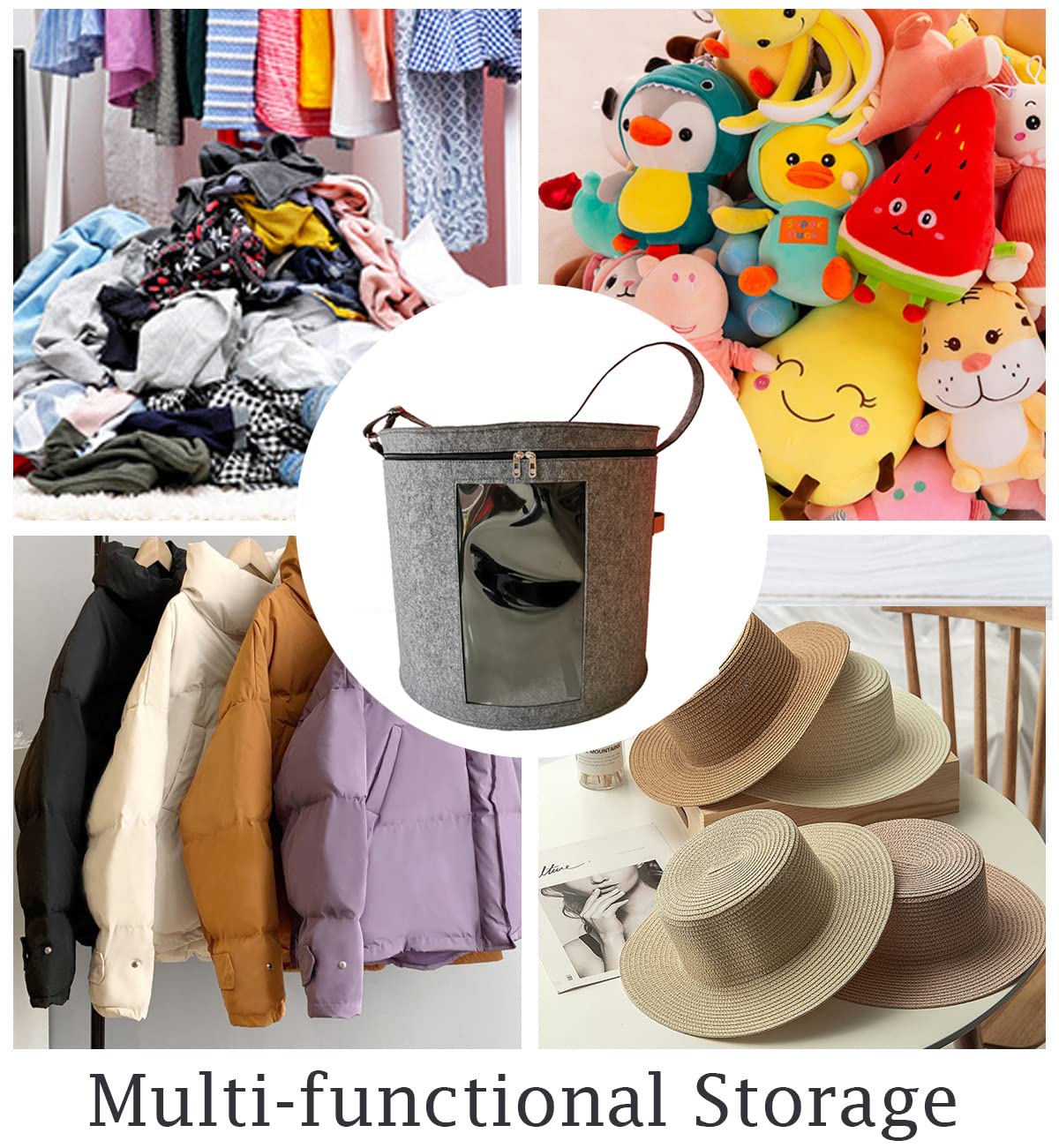 Aeeteek Hat Storage Box 19" D x 17" H Portable Felt Organizer Bucket Foldable Large Capacity Bag Round Travel Hat Container with Dust Proof Lid, Stuffed Animal Toys and Clothes Storage Bin (Grey)