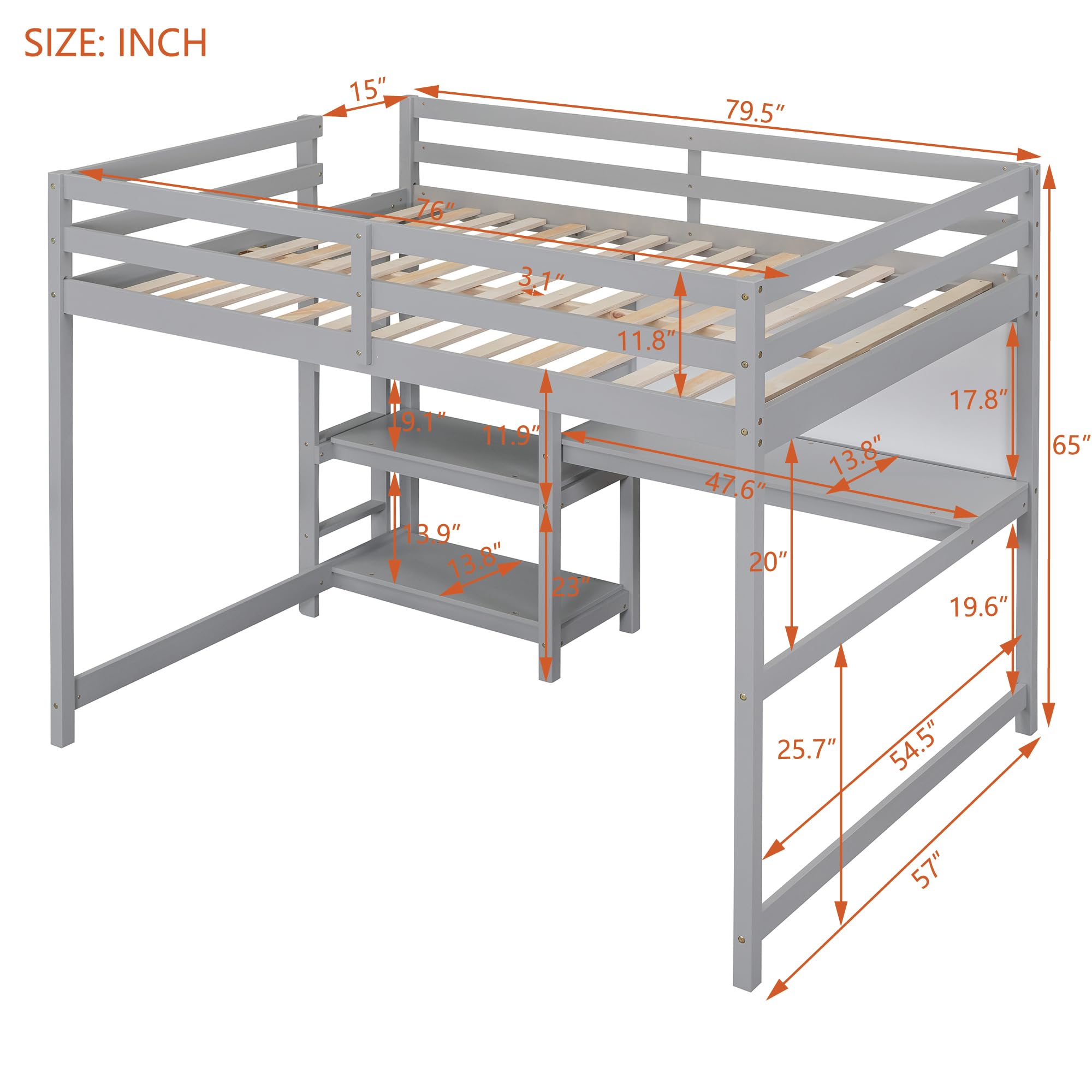 BIADNBZ Full Size Loft Bed with Desk, Shelves and White Writing Board, Wooden High LoftBed Frame, for Kids Teens Bedroom, Gray