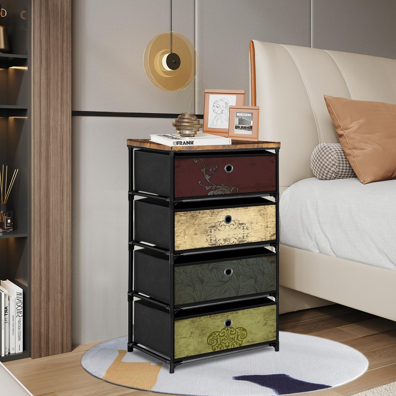 VASICAR Set of 2 Nightstands with 4 Drawers, Beside Table, Clothes Organizer, Storage Tower Unit, Small Fabric Dresser for Bedroom, Living Room, Closet, Entryway, Hallway, Nursery