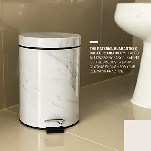 AWENN - Kitchen Garbage Trash Can with Lid and Pedal - Touchless Round Shape Waste Bin - Galvanized Steel Dustbin for Kitchen, Bathroom, Office and Outdoors – Marble (1.3 Gallon – 5 Liters)