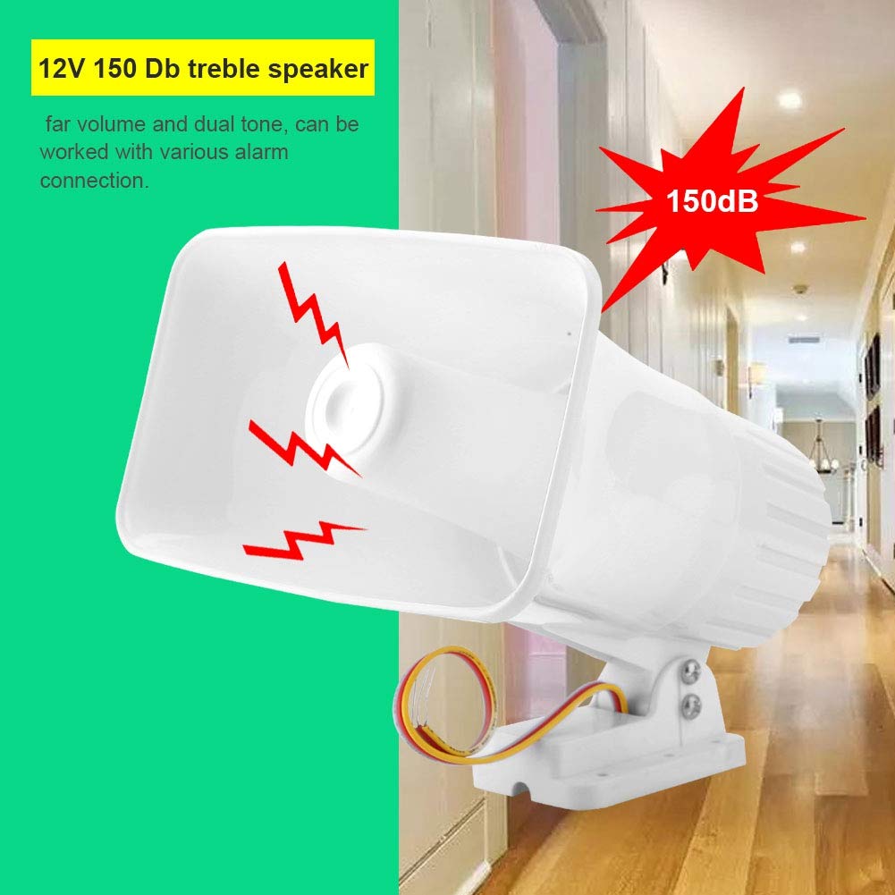 DC 12V Wired Alarm Siren Horn, 150dB Electronic Alarm Dual Tone Horn Siren Indoor/Outdoor Security Siren for Home Security System - White