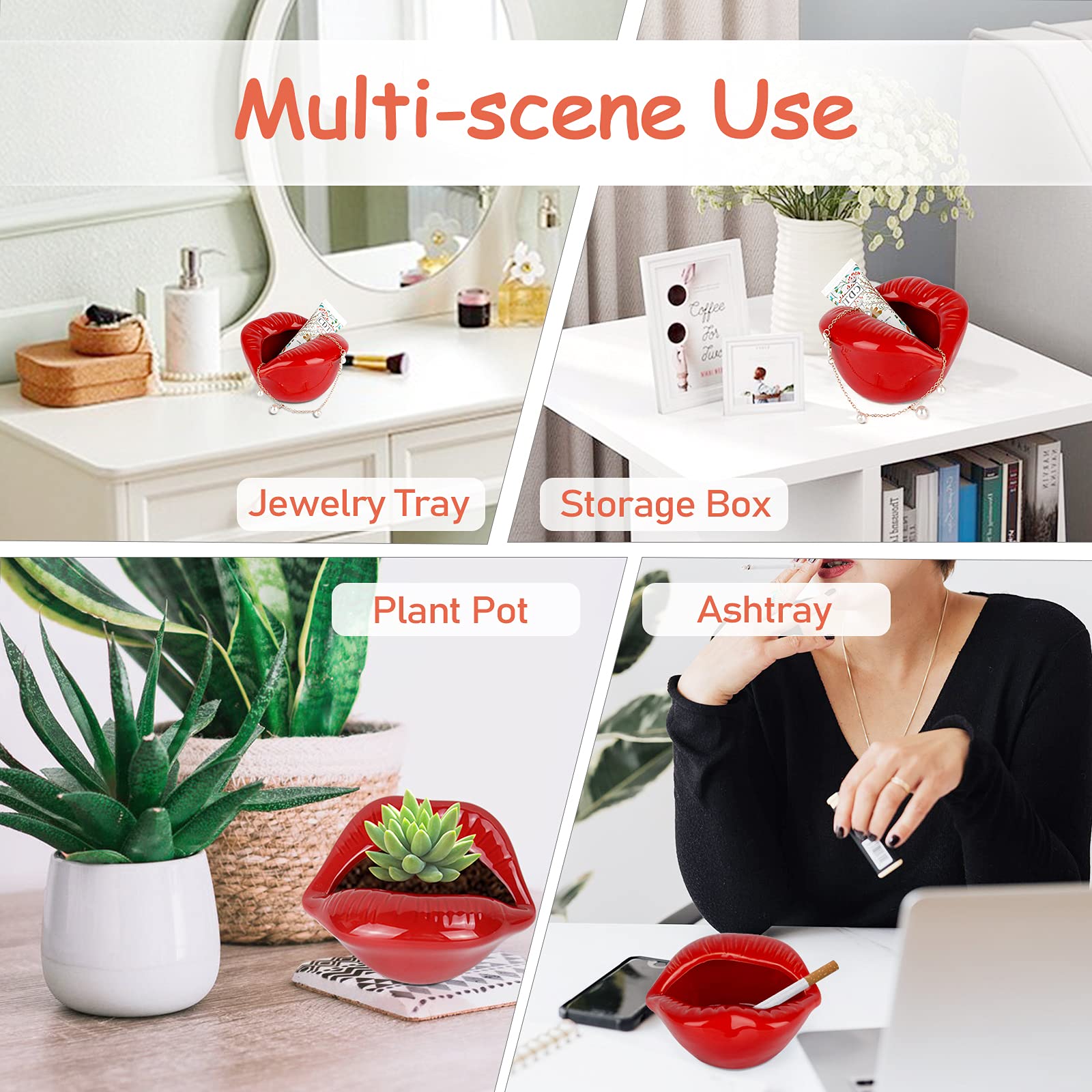 Trycooling Ceramic Red Lips Lipstick Ring Holder Jewelry Tray Rack Decorative Cosmetic Storage Display Holder Desktop Hairpin Storage Organizer Birthday Choice (Dark Red)