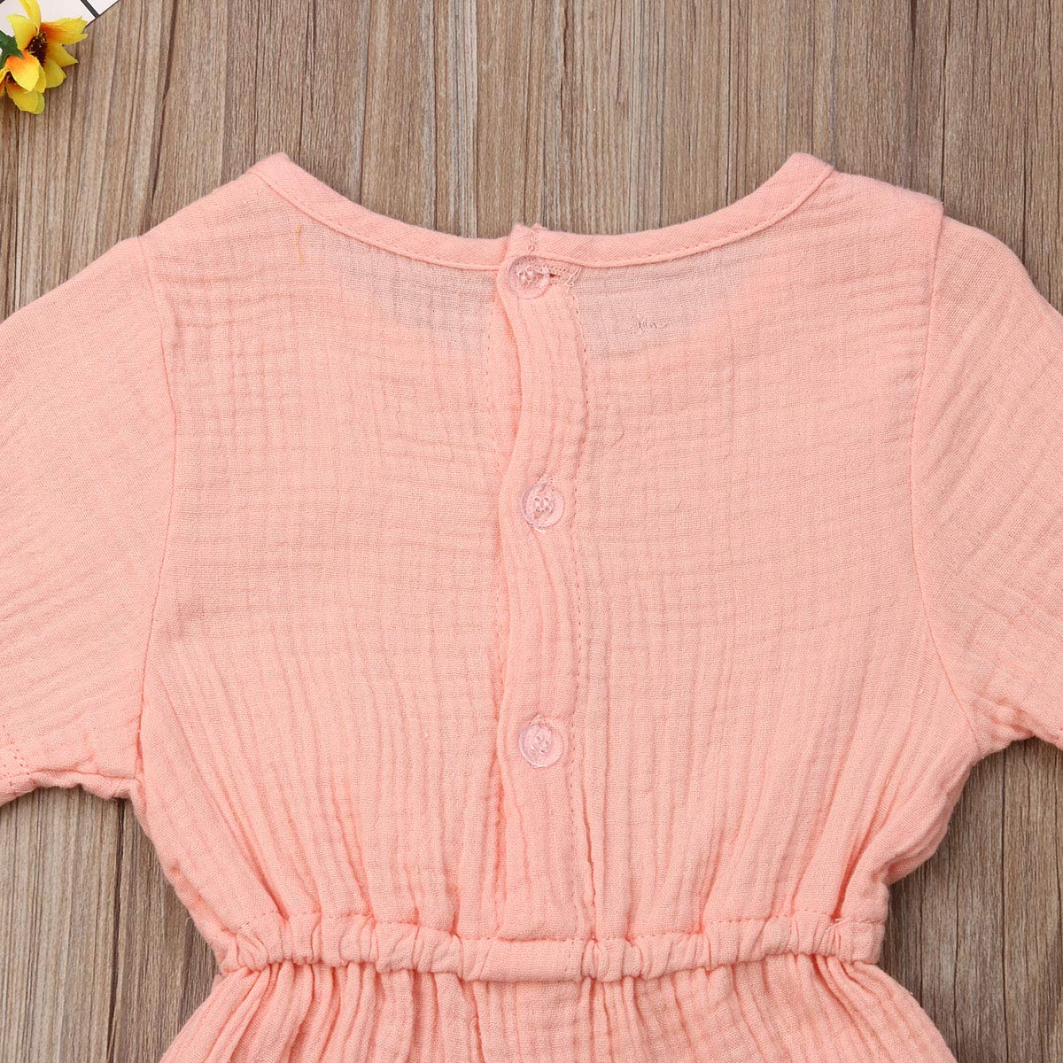 Mubineo Toddler Baby Girl Summer Fall Basic Plain Short Sleeve Cotton Linen Drawstring Romper Jumpsuit (Peach Pink, 2-3T)