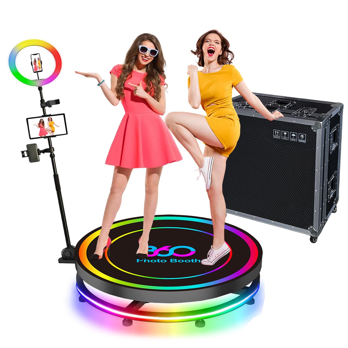 360 Photo Booth with RGB Ring Light, Logo Free, 360 Slow Motion Rotating Photo Booth Machine 26.8in PRO for 1-3 People with Flight Case