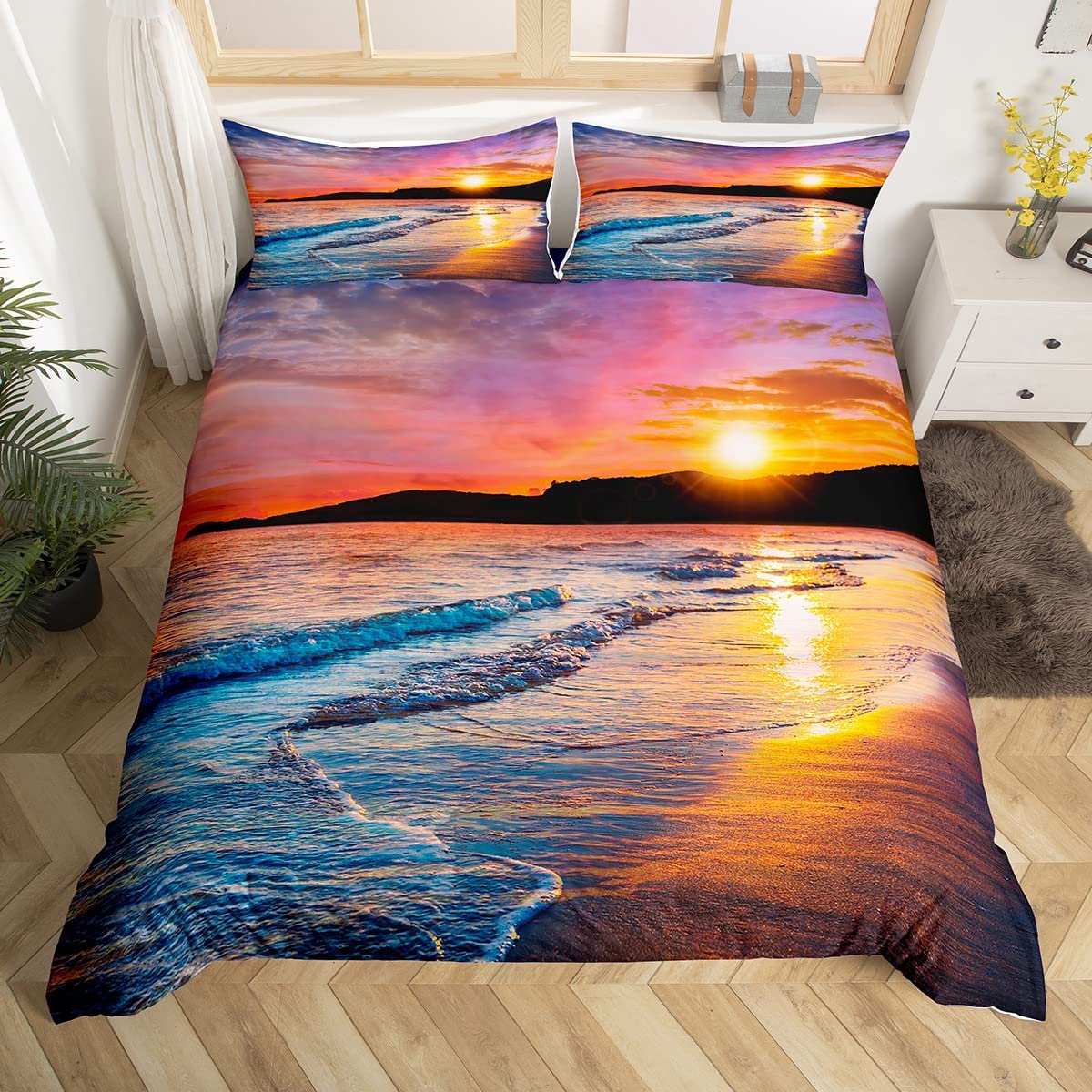 Erosebridal Sunset Duvet Cover Blue Ocean Bedding Set Queen Size Hawaii Beach Comforter Cover Set for Boys Girls Youth,Sea Wave Bed Set Afterglow Scenery Bedroom Decor,Yellow Orange Purple Red