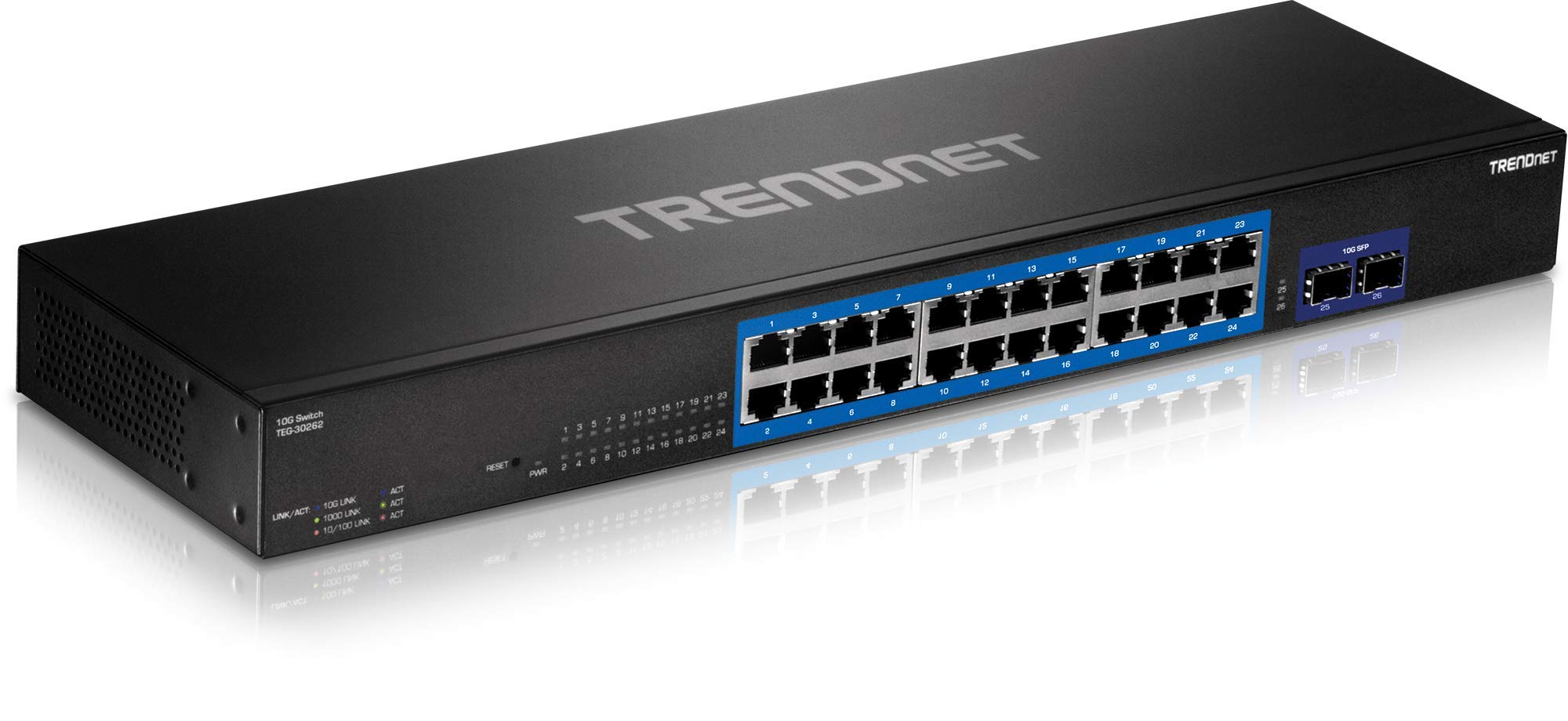 TRENDnet 24-Port Gigabit Switch with 2 X 10G SFP+ Slots, Fanless Design, 19" 1U Rack mountable, TEG-30262 Version 1 (Renewed)
