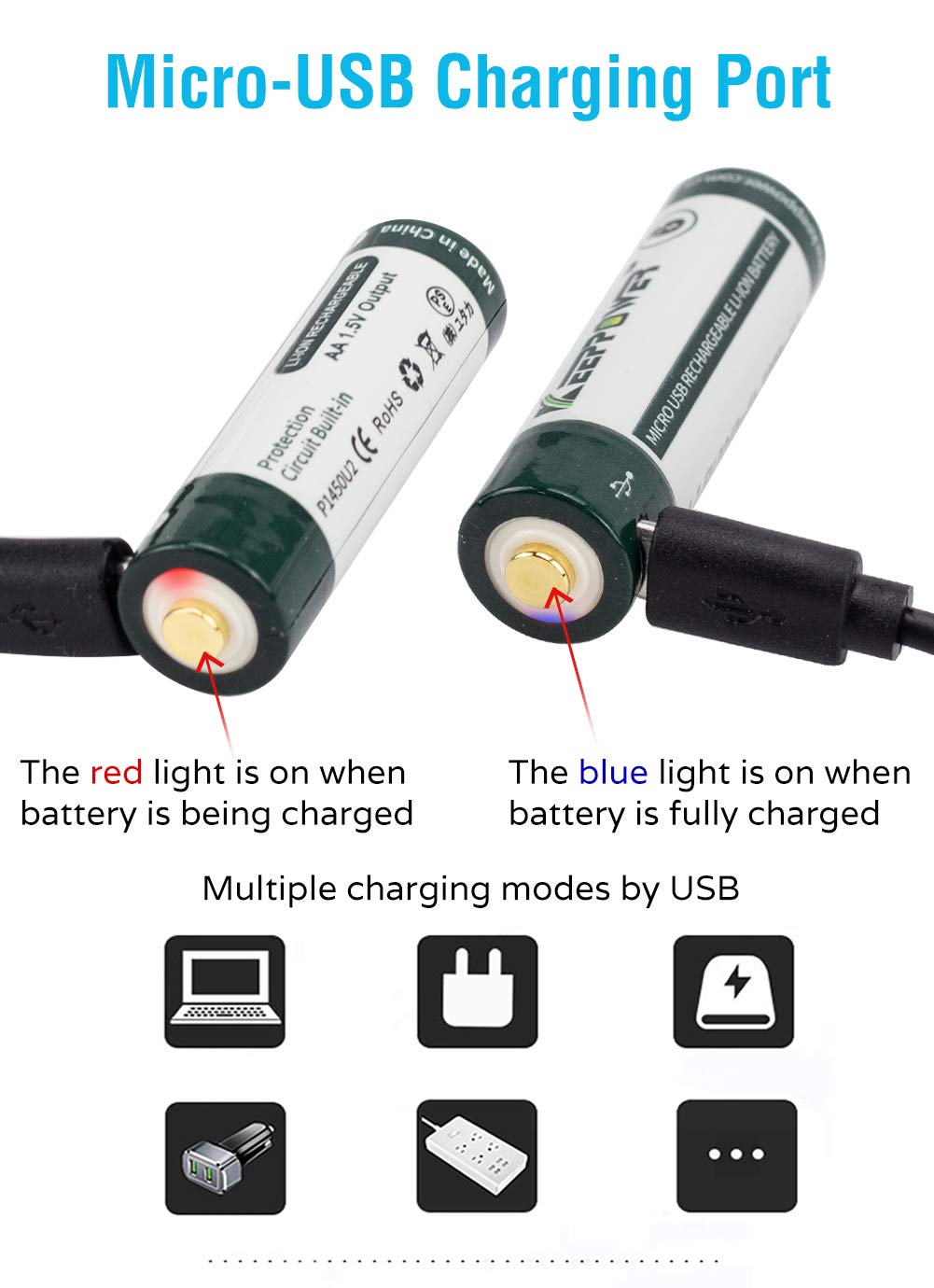 Keeppower USB Rechargeable Li-ion AA Batteries 3390mWh Double A Protected Lithium Battery 1.5V 2260mAh High Capacity Fast Charge Included with a 4-in-1 Charging Cable (Pack of 4)
