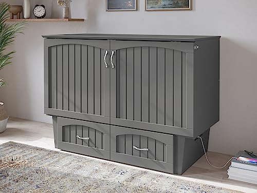 AFI, Nantucket Murphy Bed Chest with 6 inch Memory Foam Folding Matttress, Built-in Charging Station and Storage Drawer, Full, Grey