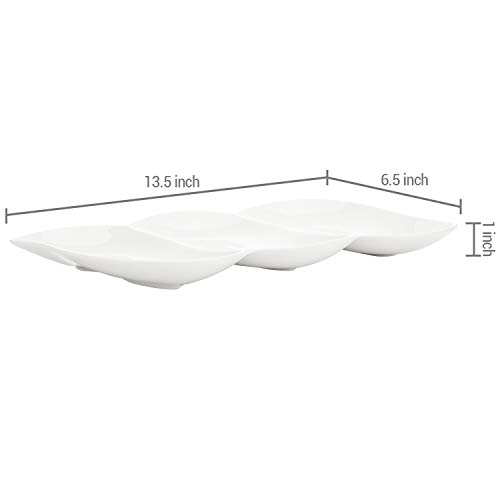 MyGift Set of 2 White Ceramic Relish Tray Appetizer Serving Platter with Wave Design, Divided Snack Tray, Charcuterie, Food, Dessert Platters, 13.5 x 6.5 Inch
