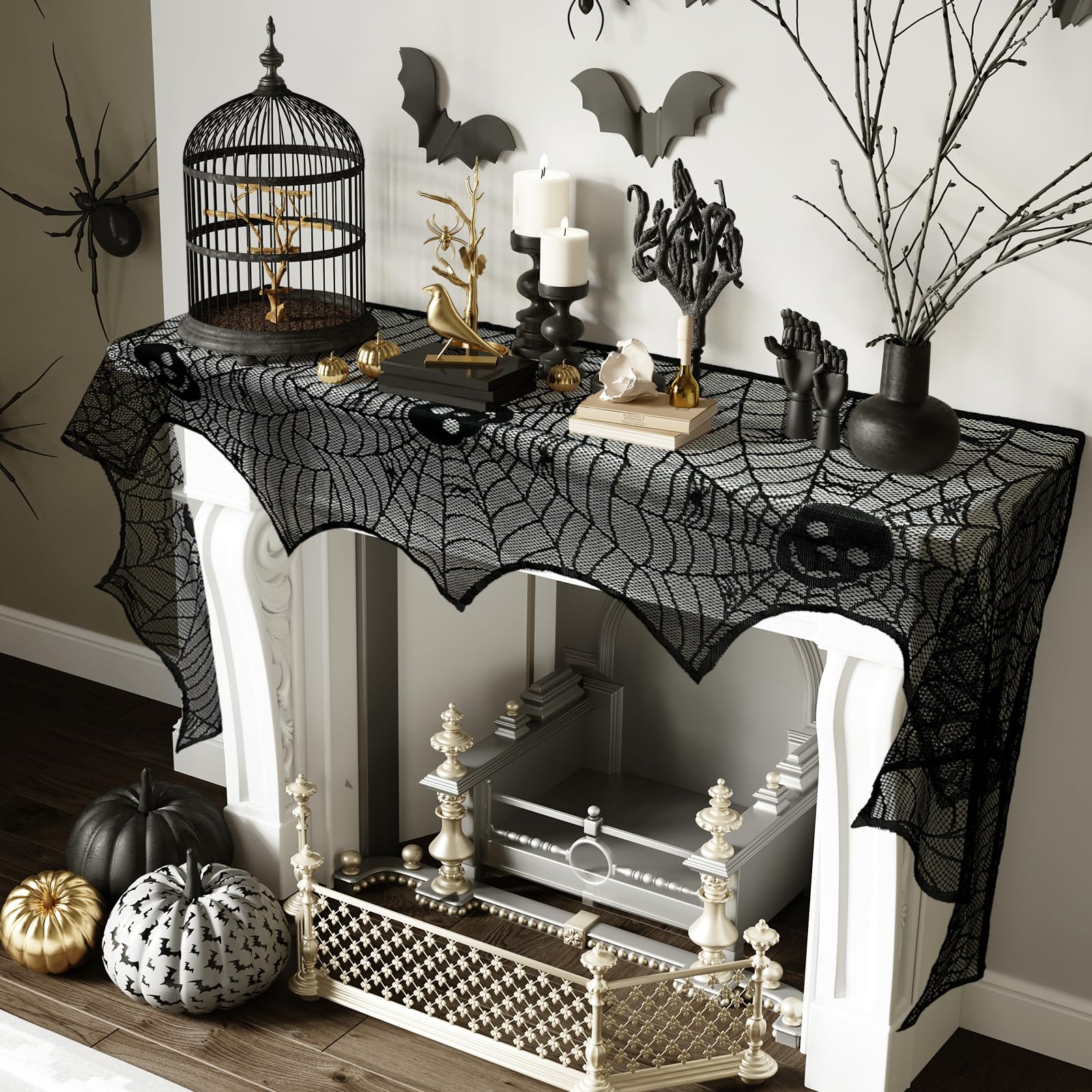 AerWo Halloween Decorations Indoor Halloween Fireplace Mantel Scarf, Black Lace Spiderweb Fireplace Cover for Halloween Mantle Decor Festive Party Supplies,18 x 98 inch