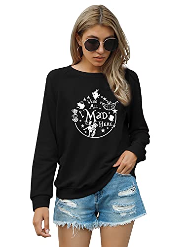 Alice in Wonderland Sweatshirt Women Vintage Mad Hatter Shirt Magic Kingdom Pullover Vacation Long Sleeve Tops Black