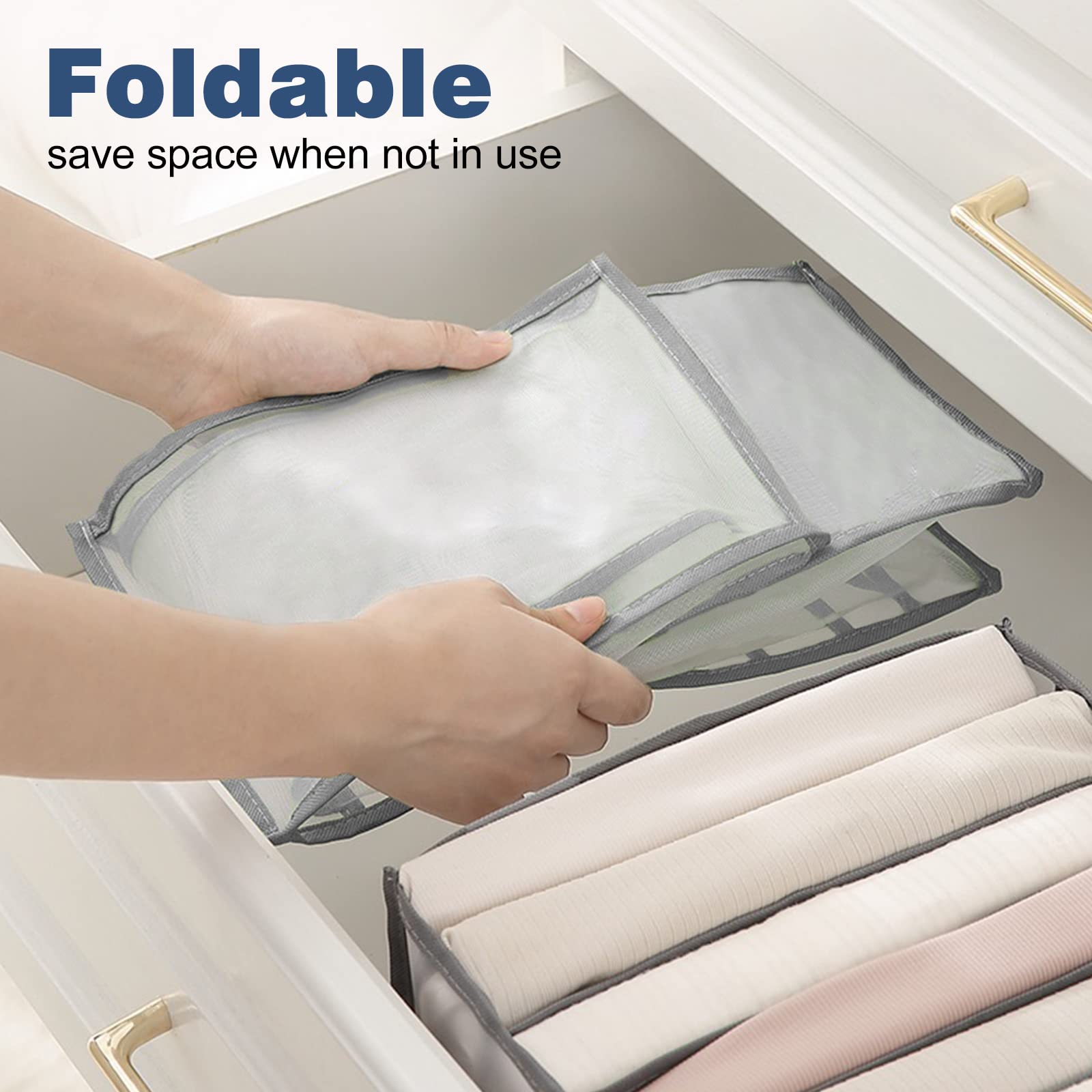 Wardrobe Clothes Organizer, Drawer Organizers for Clothing Jeans Leggings Pants Tshirts Closet Organizers Storage 7 Grid Clothes Storage Organization Stackable Washable Mesh (2pcs Jean/Legging Grey)