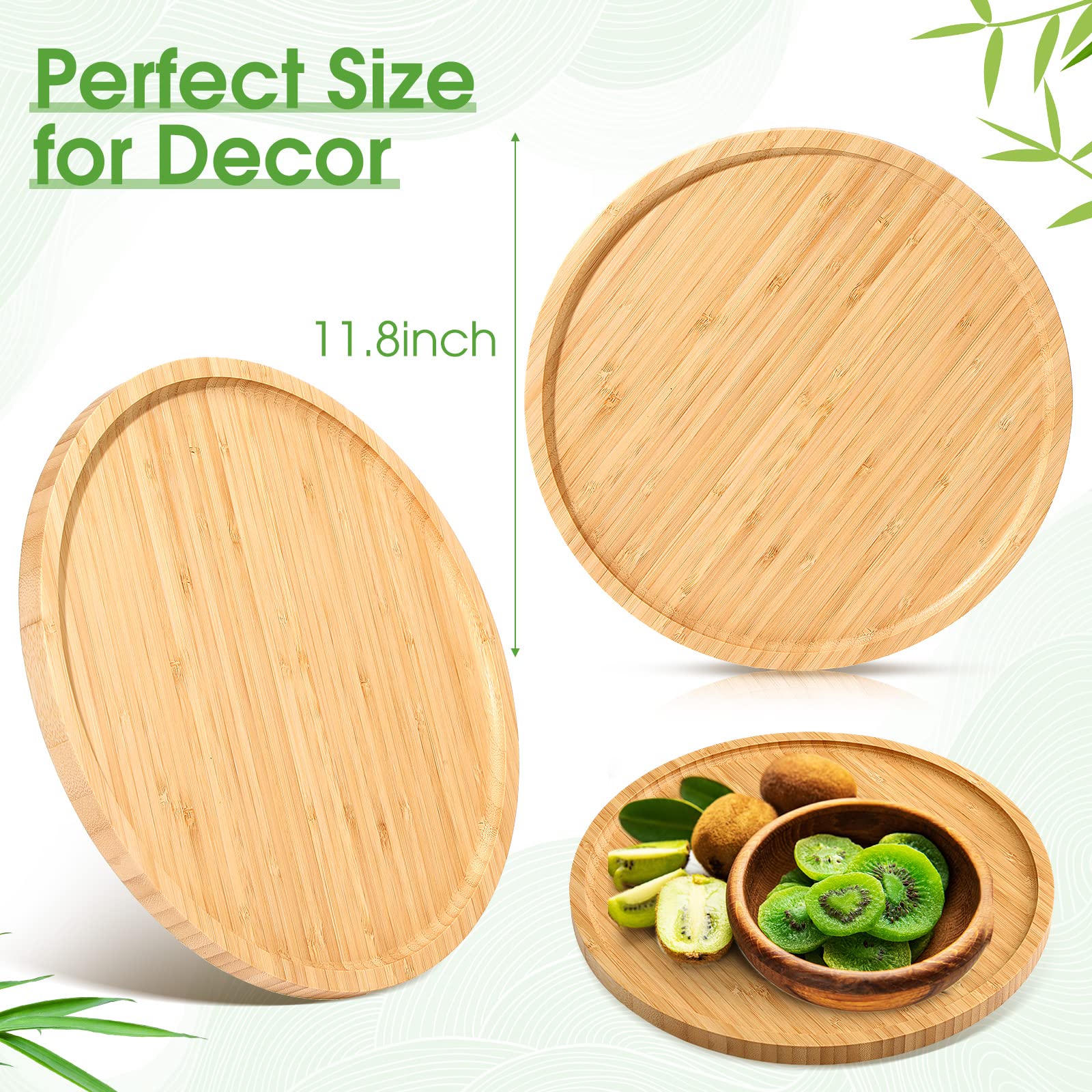 3 Pcs Bamboo Serving Tray Round Bamboo Tray Round Wood Plates Wooden Serving Platter Charcuterie Serving Board with Rim for Kitchen Counter Home Dinning Coffee Table Fruit Bread Plant Pot (11.8 Inch)