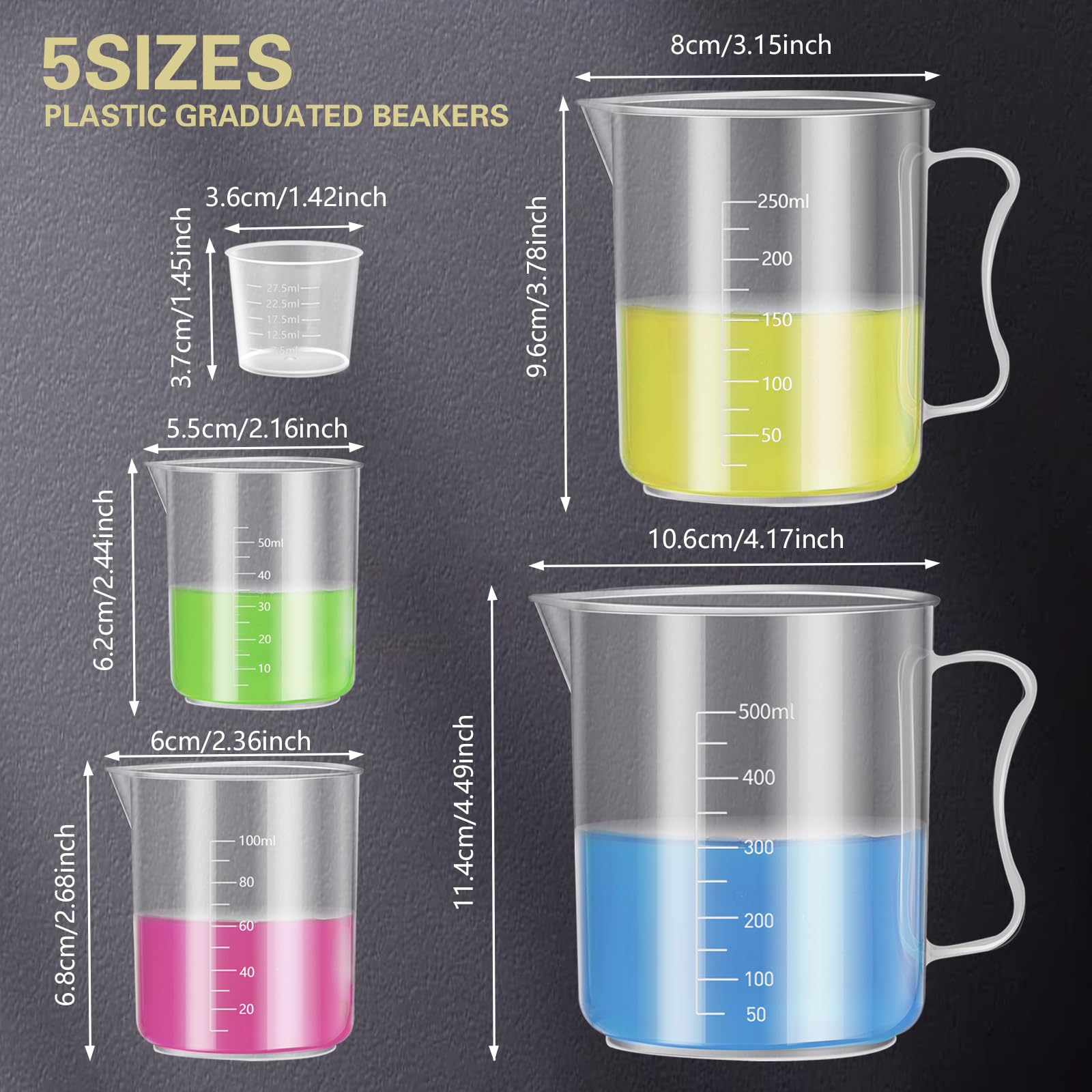 Aeseusia 5PCS Plastic Graduated Beakers Set with Handle,30ml 50ml 100ml 250ml 500ml Beakers with 5PCS Pipettes and Brush, for School and Kids Science Lab