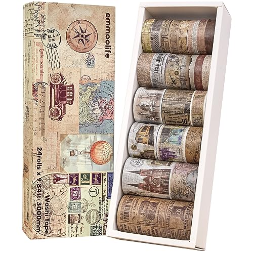 24 Rolls Vintage Washi Tape Set, Antique Car Buildings Map Stamp Stripe Writable Aesthetic Washy Decorative Tapes for Scrapbooking, Junk Journal supplies, Bullet Journaling 5-75mm Wide (3m long)/Roll