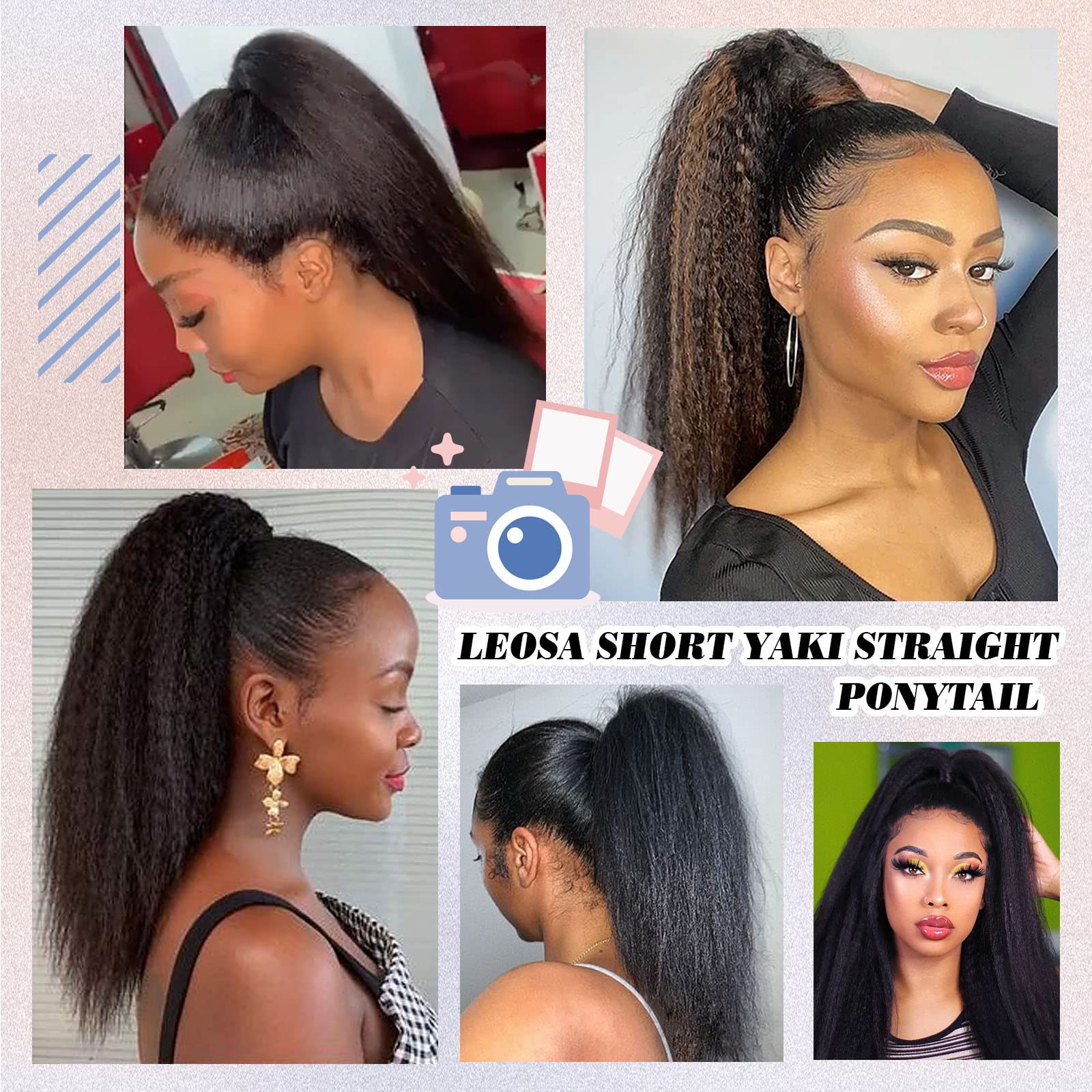 LEOSA Ponytail Extension 14 inch Drawstring Ponytails for Black Women Short Natural Black Yaki Straight Drawstring Ponytail Hair Extensions (14 Inch (Pack of 1), 1B#)