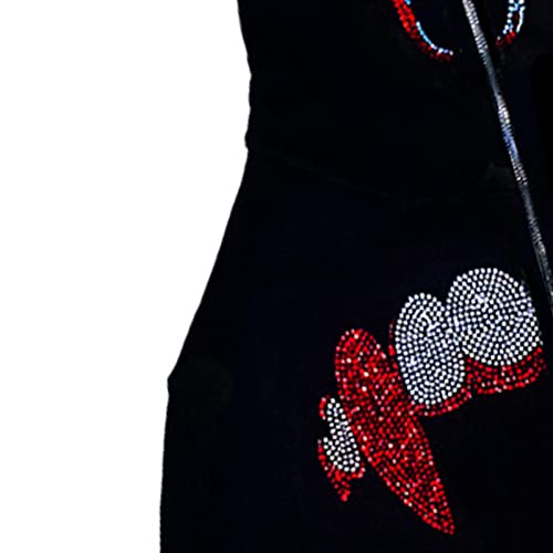 Amiblvowa Y2k Women Zip Up Hoodies Rhinestone Graphic Sweatshirts Skeleton Spider Aesthetic Oversized Jacket Goth Clothing (Primary Black Red Skull, M)