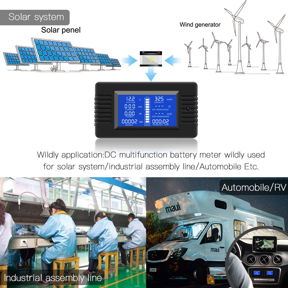 DC Multifunction Battery Monitor Meter,0-200V,0-10A (Widely Applied to 12V/24V/48V RV/Car Battery) LCD Display Digital Current Voltage Solar Power Meter Multimeter Ammeter Voltmeter