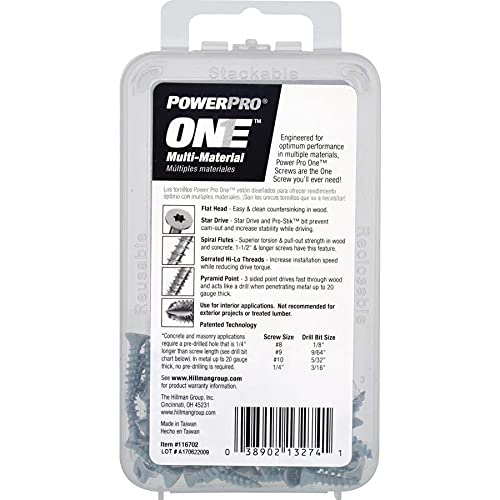 Power Pro Premium One Multi-Material Flat Head Screws, Zinc Plated Steel, Fasten in Wood, Metal, Concrete, Drywall and Plastic, Silver, #6 x 5/8 inch, Box of 50 Screws