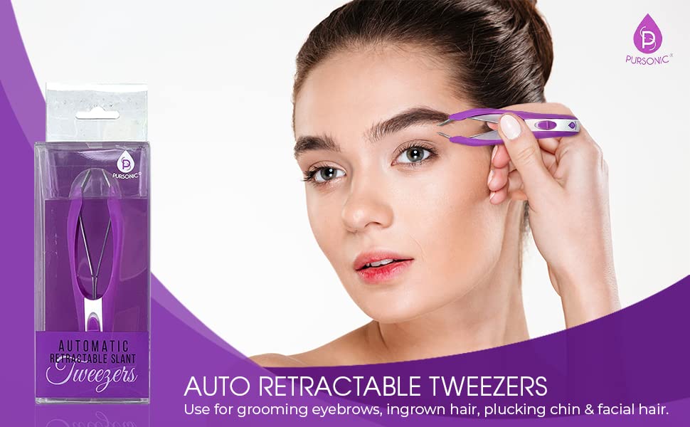 Pursonic | Auto Retractable Tweezers for Eyebrows, Ingrown Hair & Facial Hair, Durable Stainless Steel Material - Features Spotlight & Smart Grab System