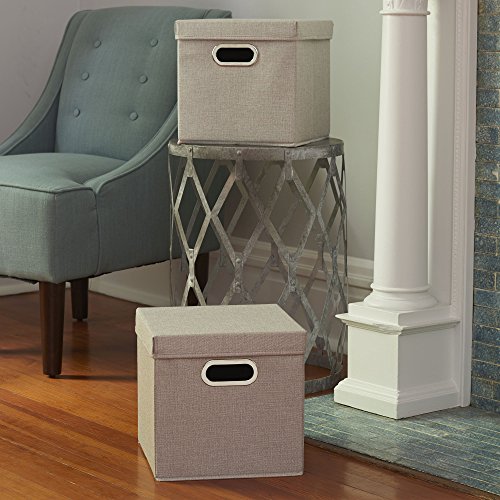 Household Essentials 804-1 Café Cube Bin Storage Set with Lids and Handles | 2 Pack, Grey Linen