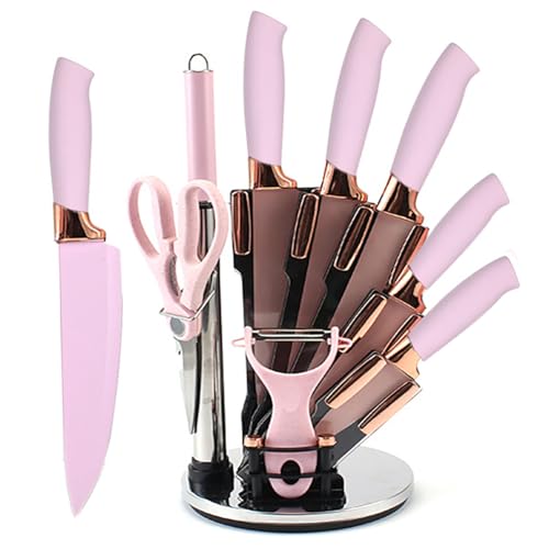 Knife Set, 9Pcs Stainless Steel Non Stick Kitchen Knife Block Set, Sharp Cutlery Knives Set with Sharpener Knives Set with Rotatable Storage Stand Scissors Pink