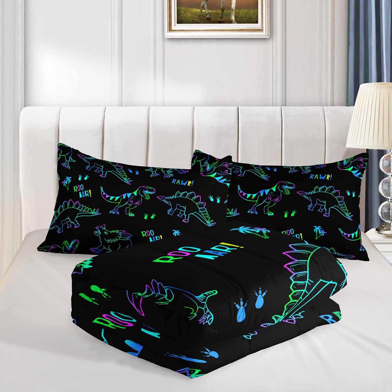 BailiPromise Trippy Dinosaur Comforter Set Queen Size for Boys Kids Quilt Set,Jurassic Dinosaur Bedding Set 3 Piece,Dino Duvet with Pillow Shames for All Seasons Ultra-Soft Lightweight Breathable