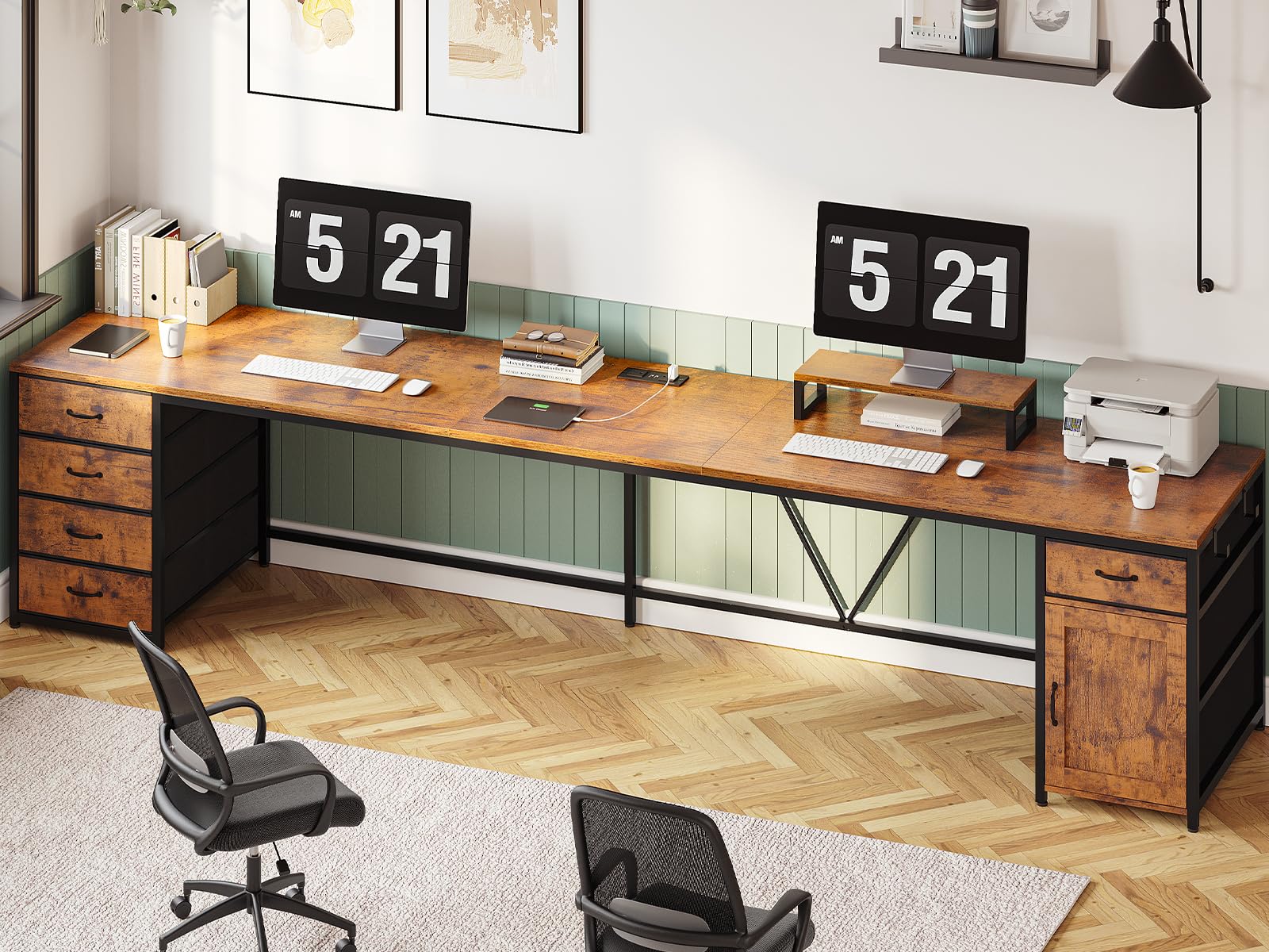 SEDETA L Shaped Desk, 63" Computer Desk with 5 Drawer & Power Outlet, Long Home Office Desk or Corner Desk, L Shaped Corner Desk with Monitor Shelf, Storage Cabinet, Rustic Brown