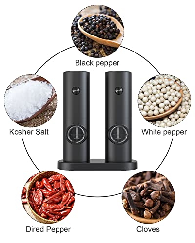 COKUNST Electric Pepper and Salt Grinder Set, Battery Powered Adjustable 5 Levels of Coarseness Black Pepper Grinder Mill with Stand, Automatic Grinding with LED Light for BBQ Resturant Kitchen