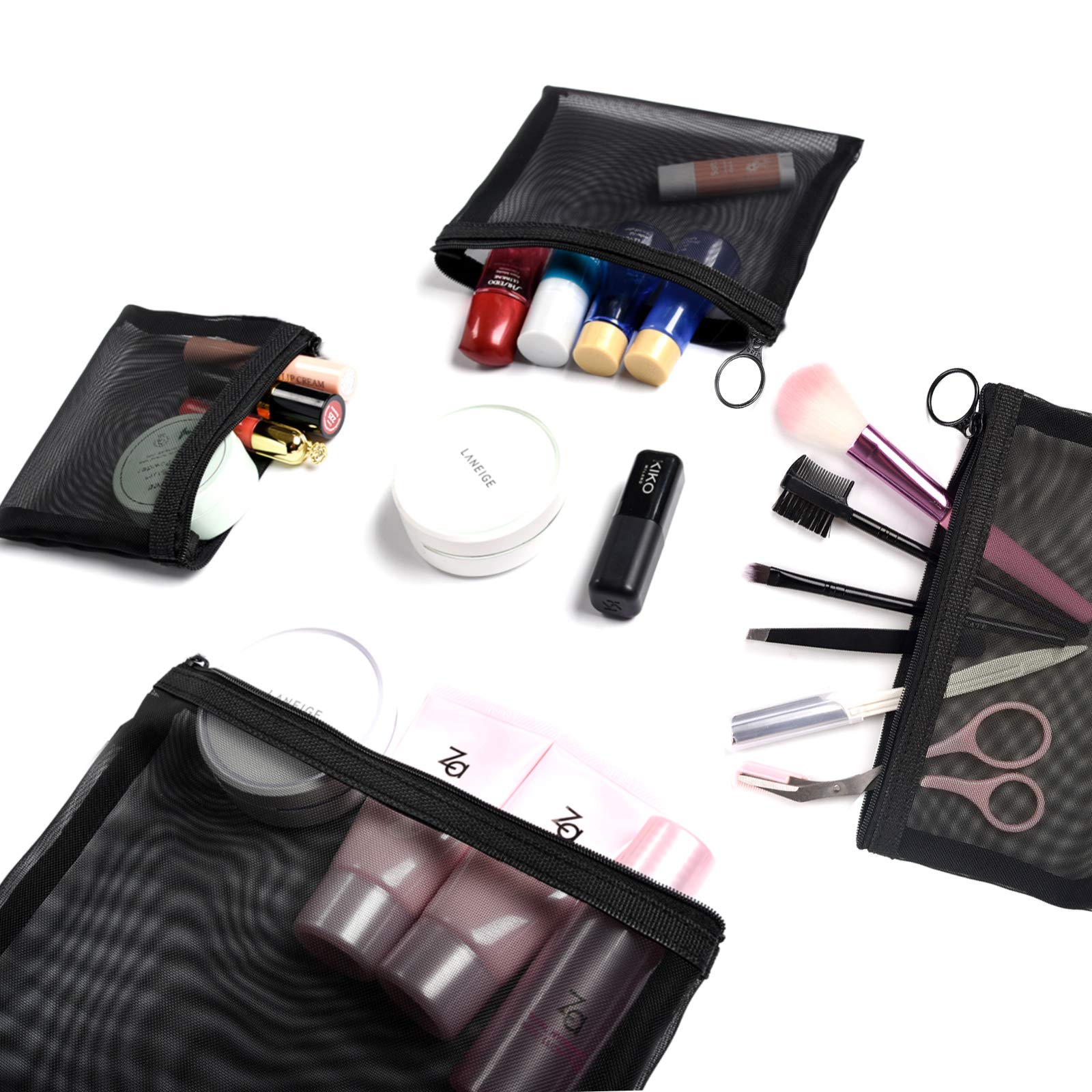 Patu Zipper Mesh Bags, Pack of 4 (S/M/L & Pencil Pouch), Beauty Makeup Cosmetic Accessories Organizer, Travel Toiletry Kit Set Storage Case, Black