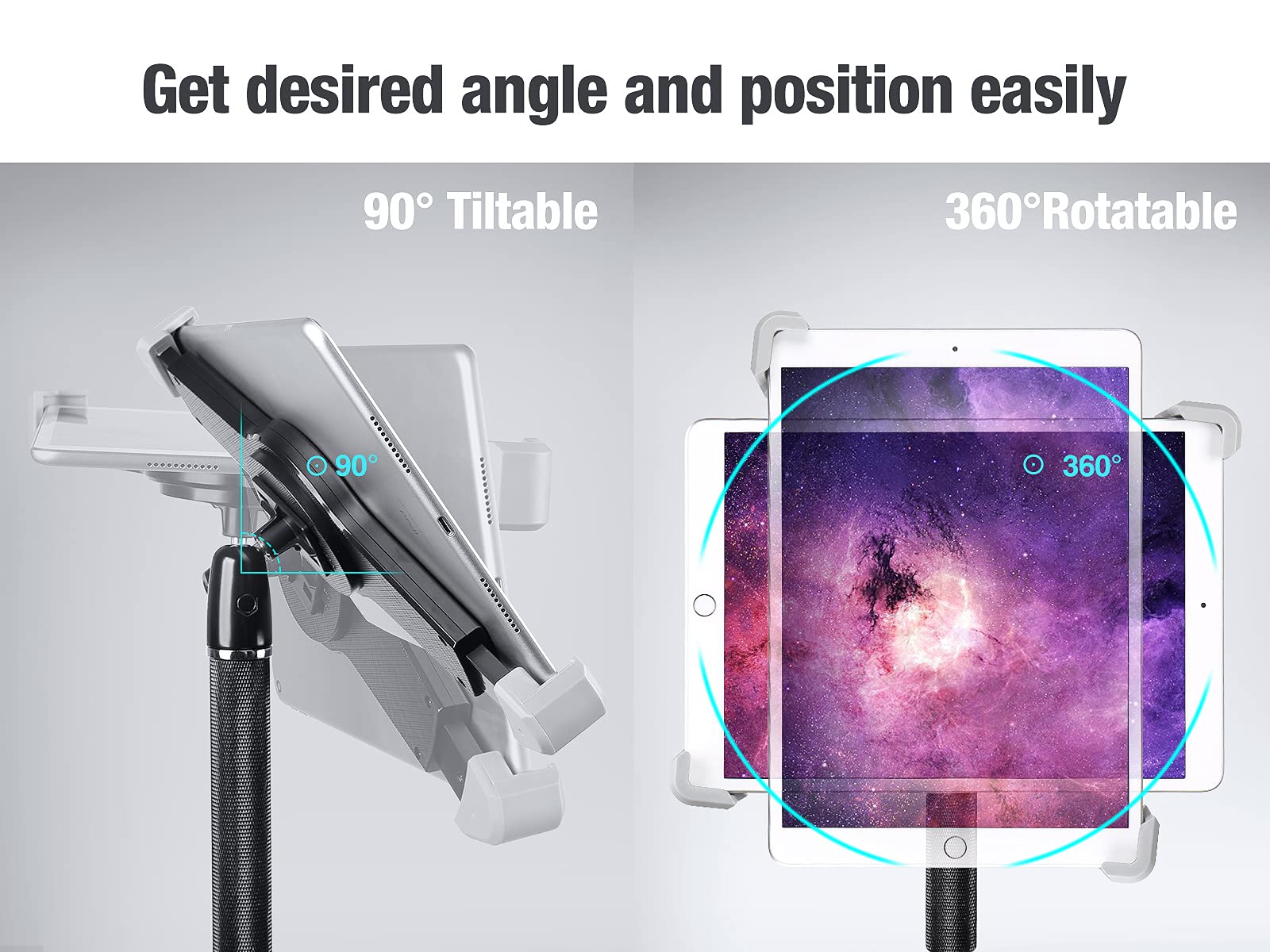 Elitehood 360 Rotatable iPad Holder, Universal Tablet Tripod Mount for 9.5-14.5' Tablets, iPad Pro, Air, & More, Compatible with 1/4'-20 Thread Tripods, Monopods, & Selfie Sticks