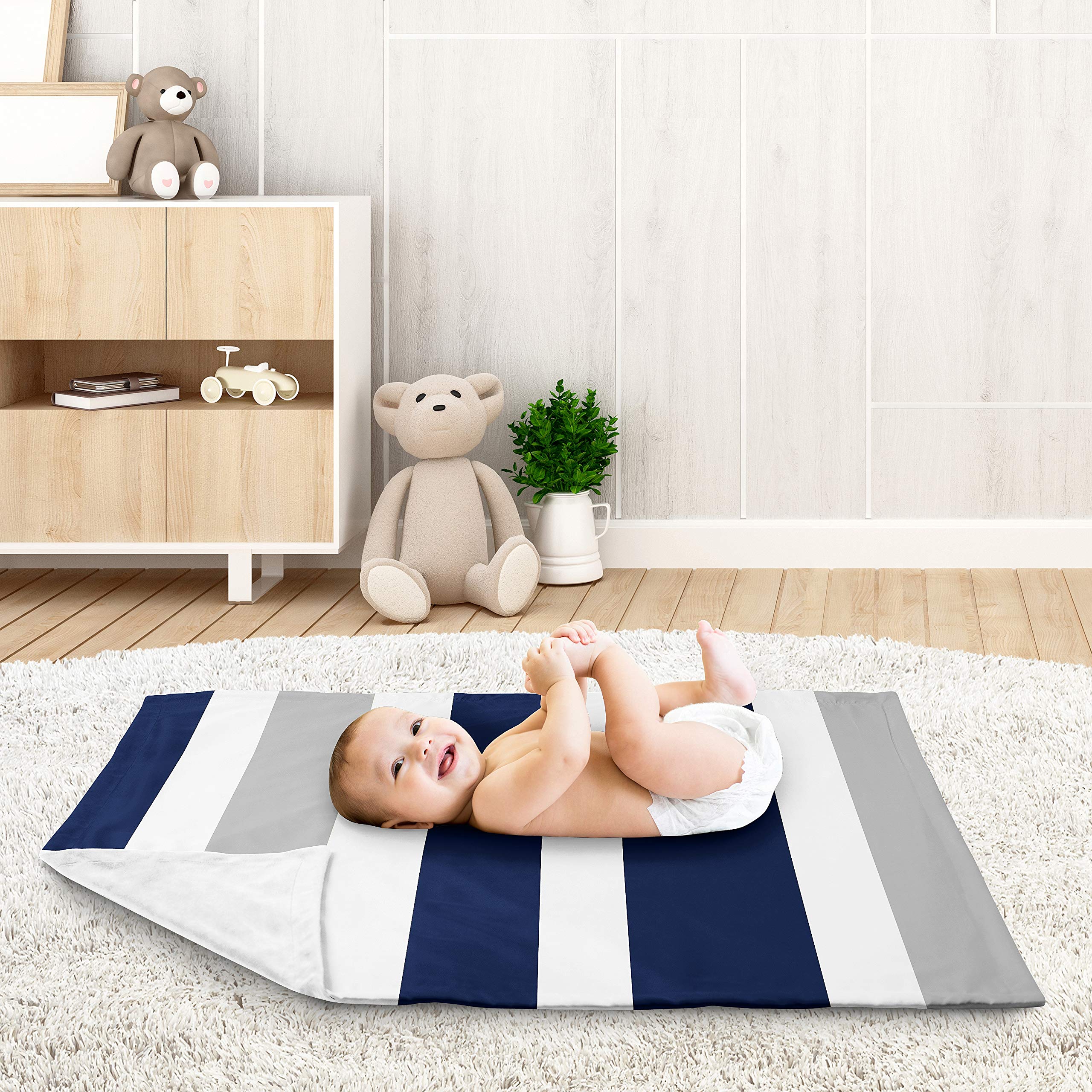 Sweet Jojo Designs Stripe Baby Boy Receiving Security Swaddle Blanket for Newborn or Toddler Nursery Car Seat Stroller Soft Minky - Navy Blue, Grey and White