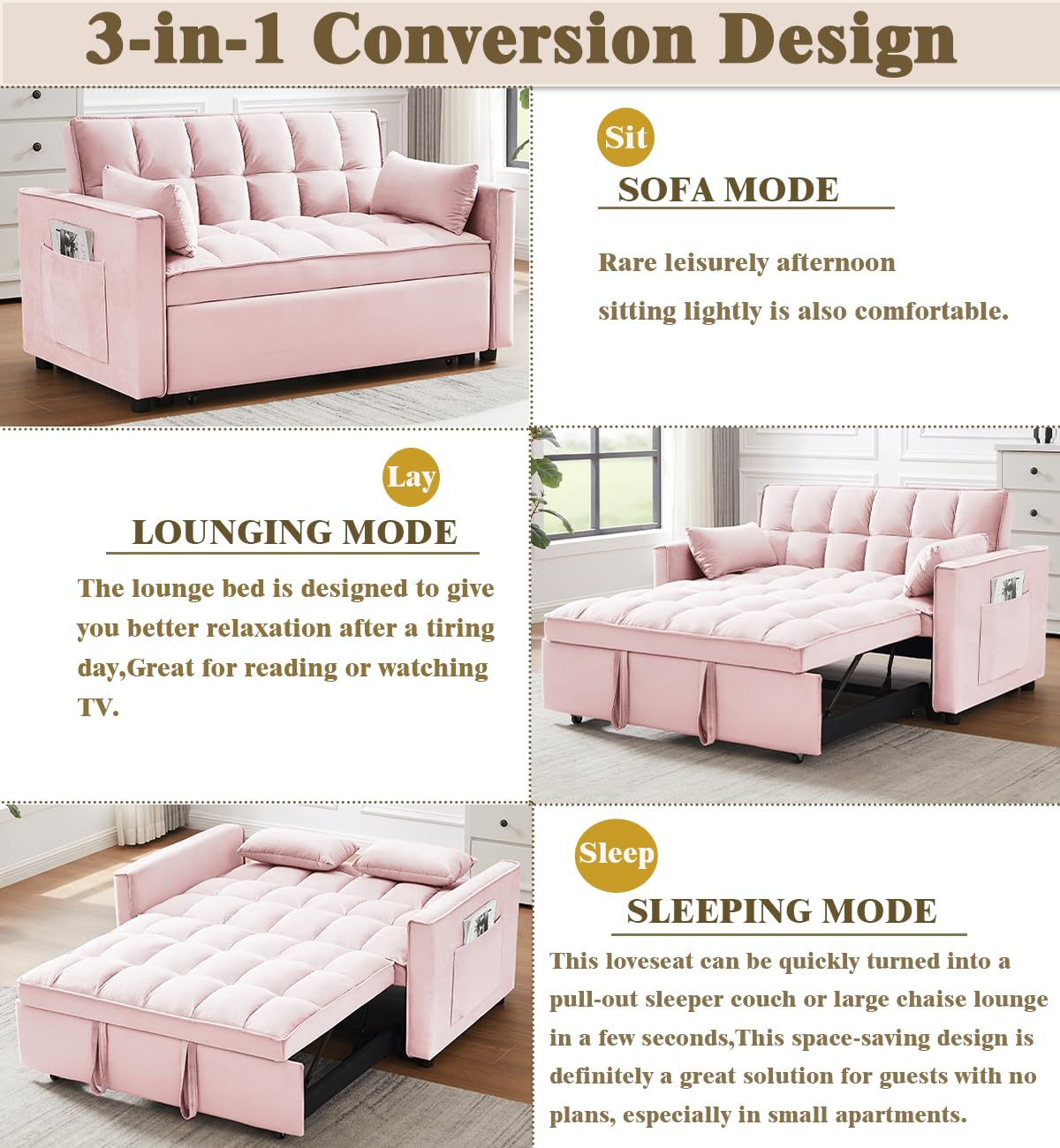 3 in 1 Convertible Velvet Loveseat Futon Couch Bed for Small Spaces - Pull Out Sofa Bed, Adjustable Backrest, Lumbar Pillows (Pink)