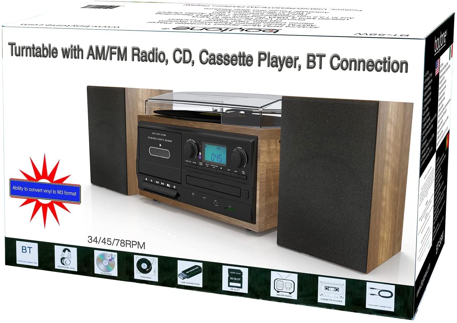 Boytone BT-58W Bluetooth Record Player Turntable with CD Player, Convert LP Vinyl, CD to MP3 Player, Cassette, AM/FM Radio, USB/SD Encoding, Remote Control, Audio Music Player Built in Amplifier