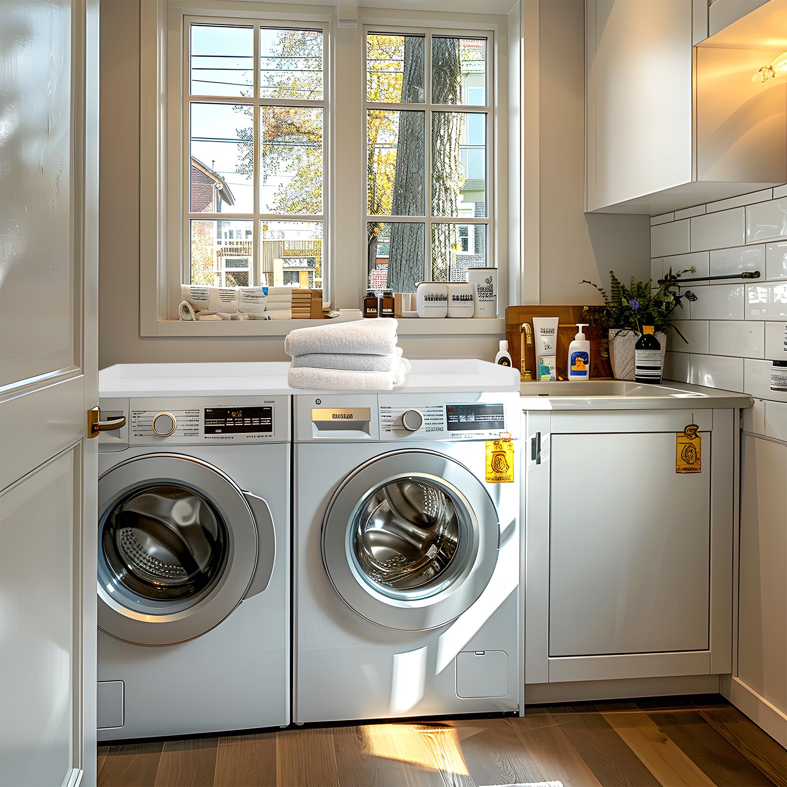 Kaboon Washer Dryer Countertop, Melamine Countertop with Edge Rails - 27.5" Depth x 54" Width Laundry Room Organization,White